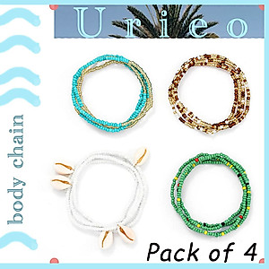 Urieo African Shell Elastic Waist Beads Chain Colorful African Stretchy Belly Bead Layered Beaded Bikini Beach Party Waist Chains Body Jewelry for Women(Pack of 4)