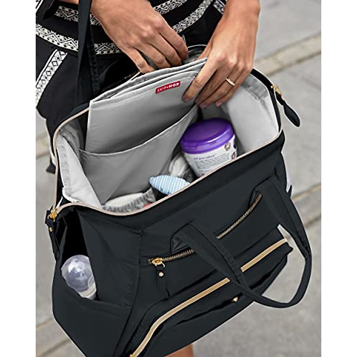 Skip Hop Diaper Bag Backpack: Mainframe Large Capacity Wide Open Structure with Changing Pad & Stroller Attachement, Black with Gold Trim
