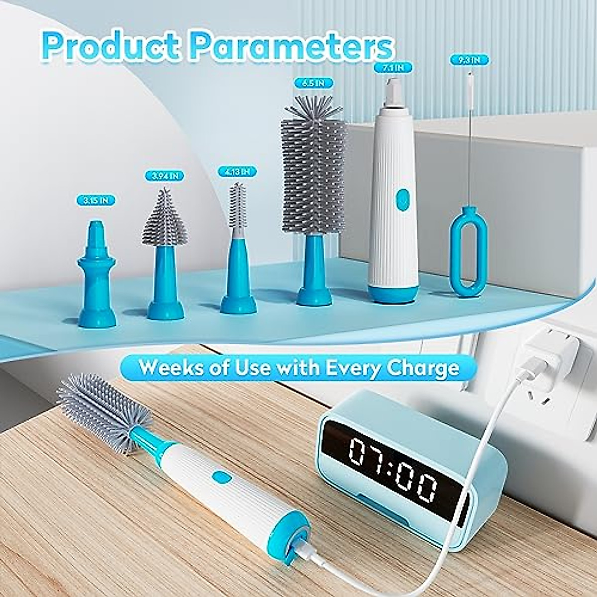 ZRFMIB Electric Bottle Brush Set with Baby Bottle Brush, 2 Nipple Brush, Straw Brush and Extension Handle, Rechargeable Bottle Brush Cleaner, for New Baby Family,Blue