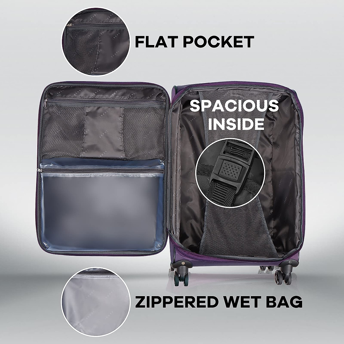 Verdi 24 Inch Luggage – Expandable Durable Softside Lightweight Suitcase with 8-wheel Spinners Medium Checked-Size Bag purple