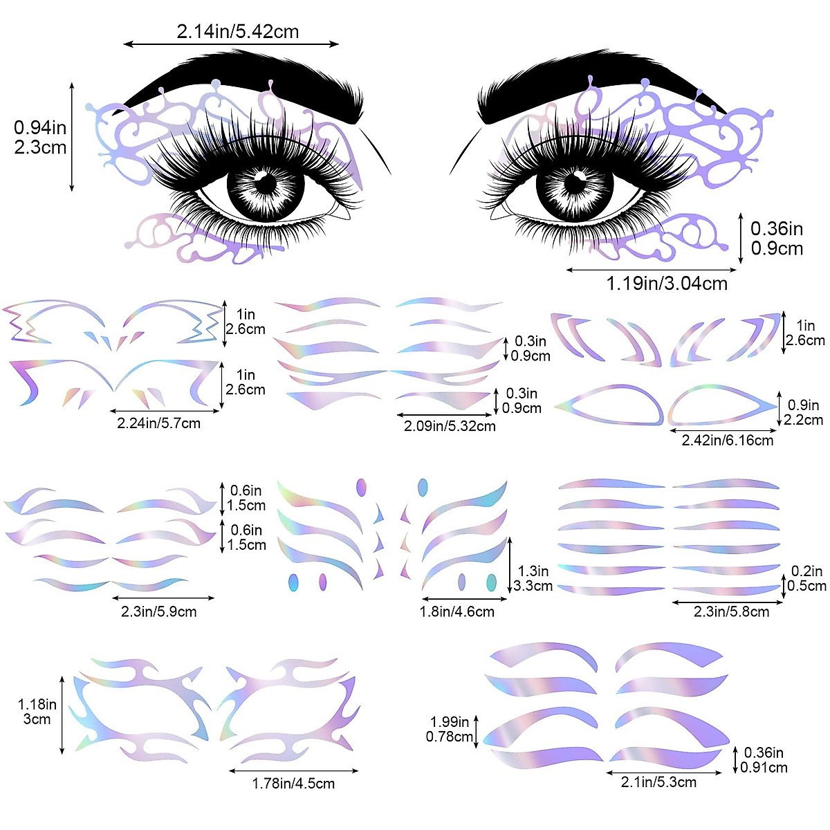 ANCIRS 9 Pack Holographic Stickers for Eye Makeup, Temporary Crystal Face Tattoo Eyebrow Stickers for Halloween Carnival Party Cosplay Music Festival Decoration