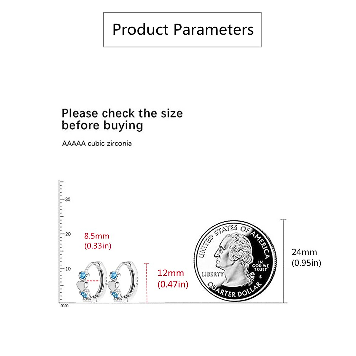 Double Love Heart Cubic Zirconia Sleeper Small Hoop Earrings for Women Teen Girls S925 Sterling Silver Cartilage Tiny Cute Huggie Hoops Hypoallergenic for Sensitive Ear Baby-Blue CZ