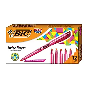 BIC Brite Liner Highlighter, Chisel Tip For Broad Highlighting & Fine Underlining, Pink, 12-Count