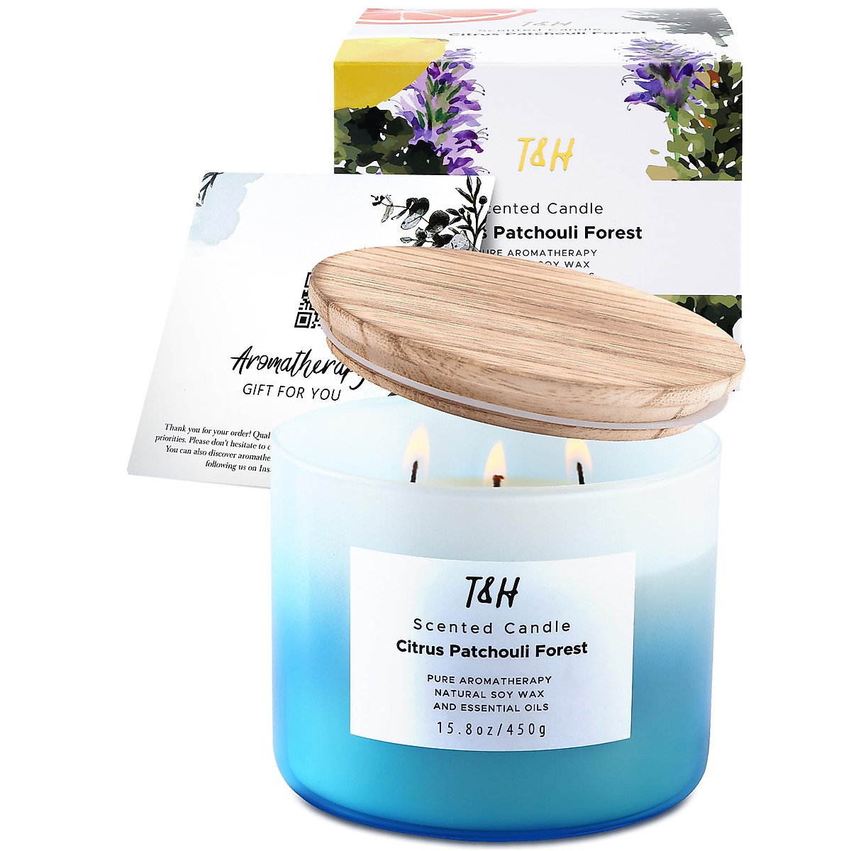 Large Citrus Patchouli Eucalyptus & Cedar Forest 3-Wick Candle - Highly Scented Natural Soy Candle for Home & Office 15.8 oz - Aromatherapy Stress Relief Candle, Refreshing Gift Candle for Women & Men