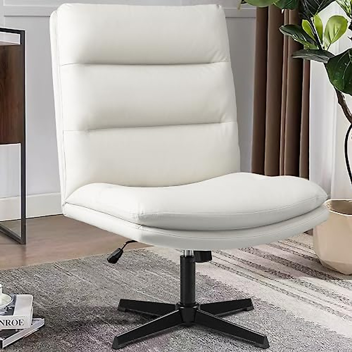 TAVATA High Back Armless Office Desk Chair No Wheels, PU Wide Seat Home Office Desk Chair Cross Legged Office Chair, Modern Adjustable Swivel Vanity Chair… (White)