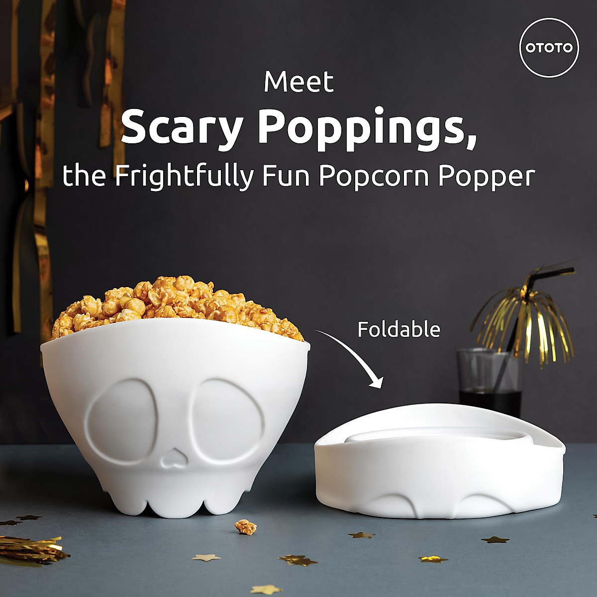 NEW!!! OTOTO Scary Poppings Microwave Popcorn Popper - Gothic Popcorn Microwave Popper, Silicone Microwave Popcorn Popper, Collapsible Bowl Popcorn Bowls, Halloween Goth Accessories Goth Gifts (White)