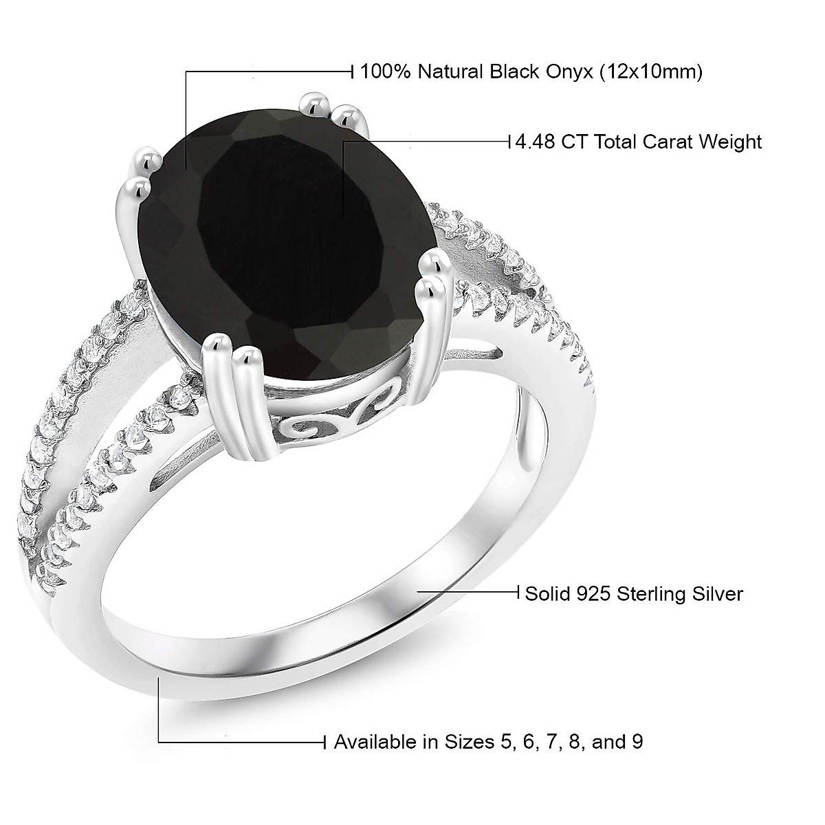 Gem Stone King 925 Sterling Silver Black Onyx Ring For Women (4.48 Cttw, Oval 12X10MM, Gemstone December Birthstone, Available In Size 5, 6, 7, 8, 9)