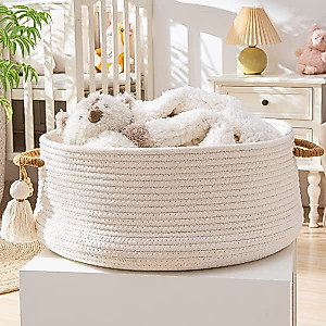 KAKAMAY Woven Baskets for Storage(16"x8"),Blanket Basket for Organizing Living Room,Cotton Rope Basket Woven Baby Laundry Hamper,Collapsible Laundry Room Organization,Clothes,Toy Chest(White)