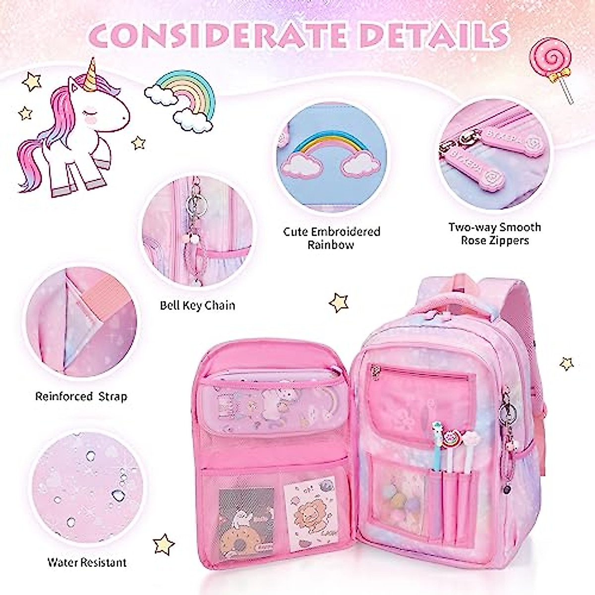 BYXEPA Girls Backpack, School Backpacks 16 * 11.5 * 7.5in for Girls, Cute Book Bag with Compartments for Girl Kid Students Elementary School, Pink