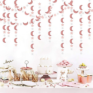 Pink Rose-Gold Moon-Star Party-Decorations Garland - 52Ft Twinkle Little Star Hanging Decoration Streamers Banner, Eid Ramadan Mubarak Decoration Birthday Wedding Baby Shower Party Decor Panduola
