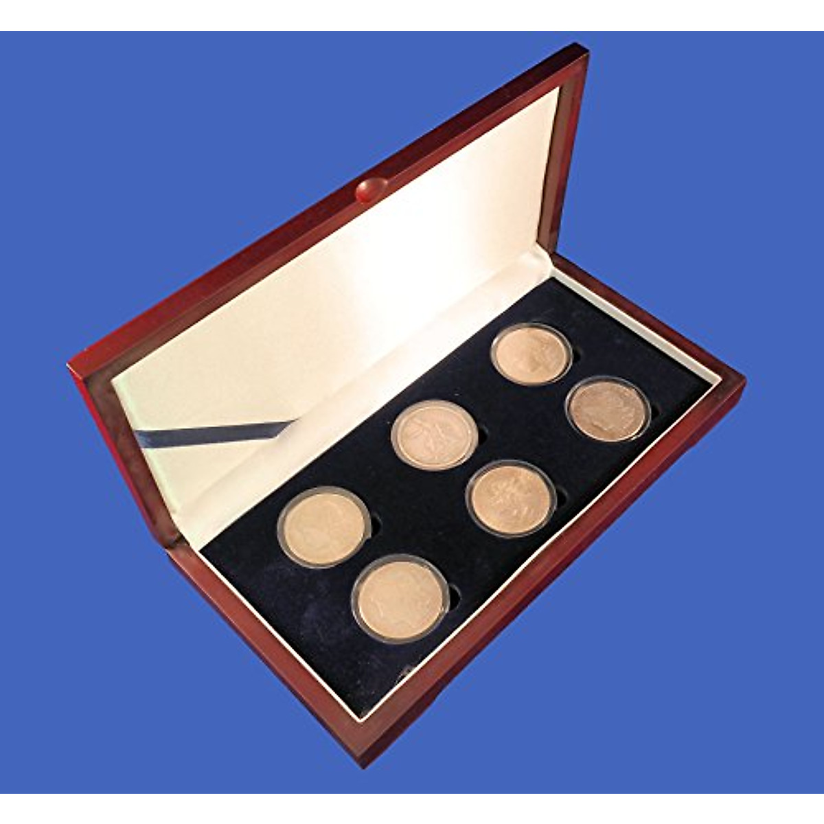 Wood Display Box for 6 Large Coin Capsules/Challenge Coin Mahogany Finish