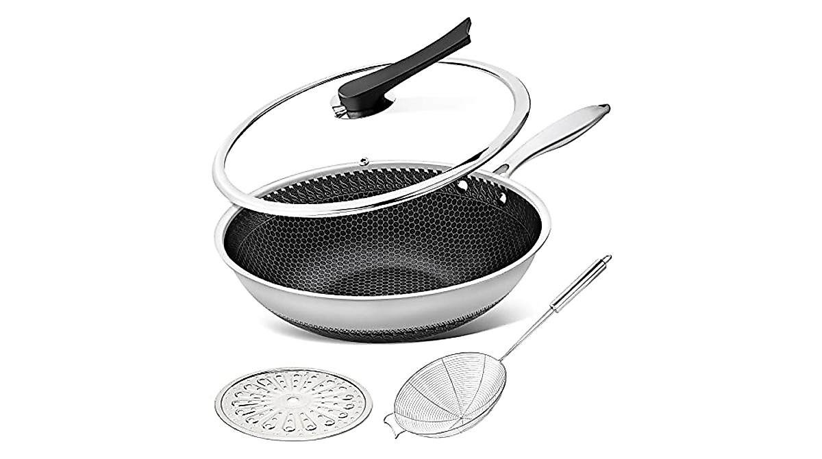 MICHELANGELO Wok Pan with Lid, 12 Inch Stainless Steel Wok Set with ...