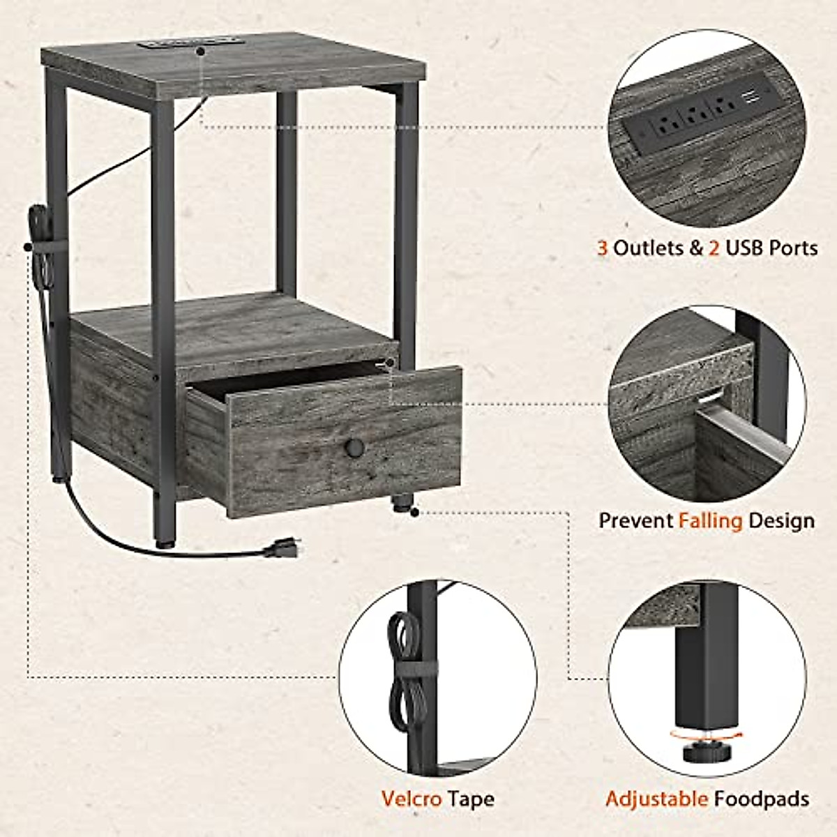 Ecoprsio Nightstands Set of 2 with Charging Station, Modern Night Stand Bedside Table with Storage Drawer and Shelf, End Side Table with USB Ports & Power Outlets for Bedroom Living Room, Grey Oak