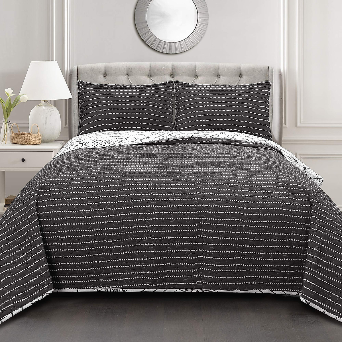 Lush Decor Charcoal King Monique 3 Piece Reversible Print Pattern Quilt Set