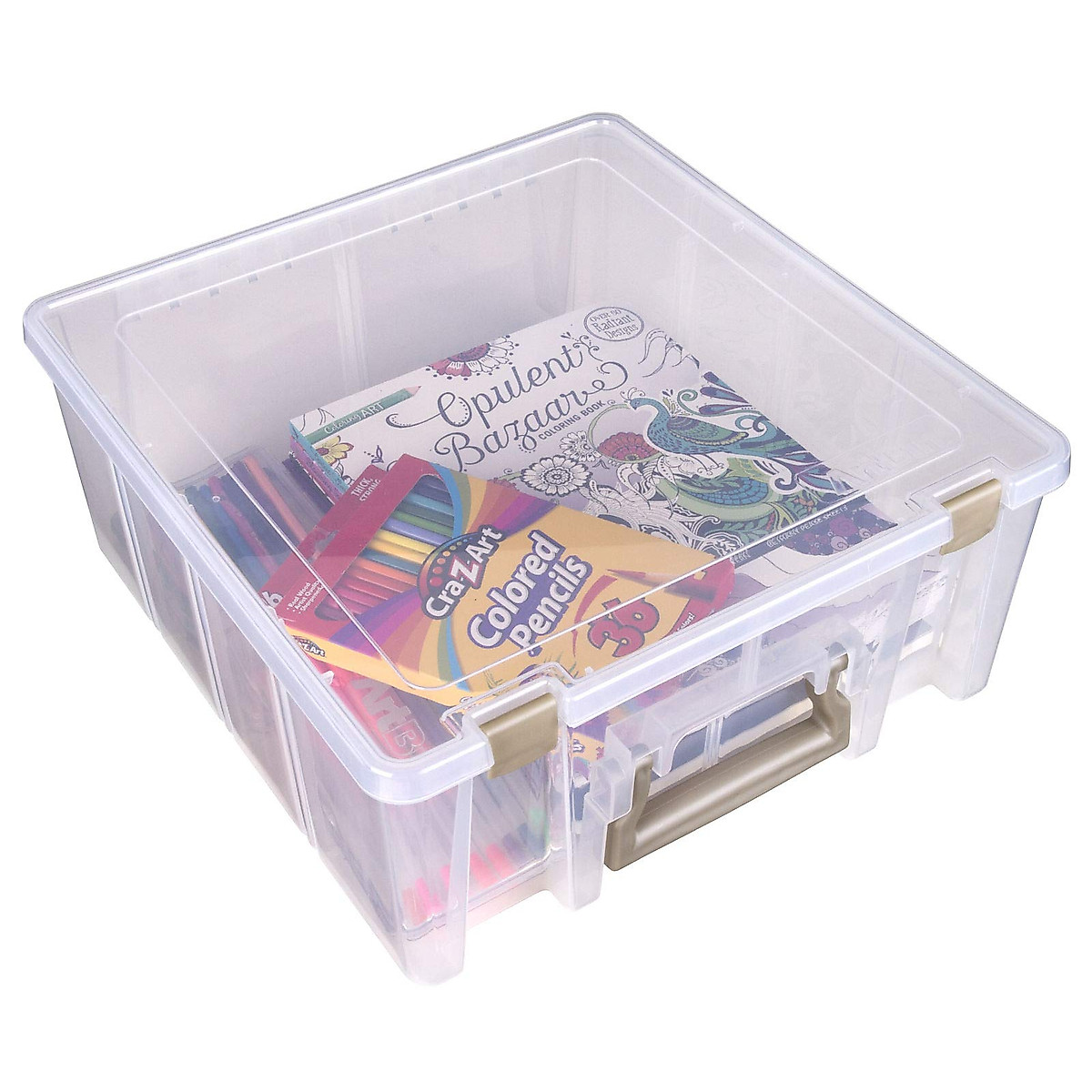 ArtBin 6990SO Super Satchel Double Deep with Removable Dividers, Large Portable Art & Craft Storage with Handle, Clear/Gold