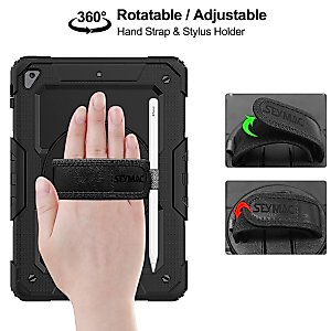 SEYMAC stock case for iPad 6th/5th Generation Case 9.7'' with Screen Protector Pencil Holder [360 Rotating Hand Strap] &Stand, Drop-Proof Case for iPad 6th/5th/ Air 2/ Pro 9.7 (Black)