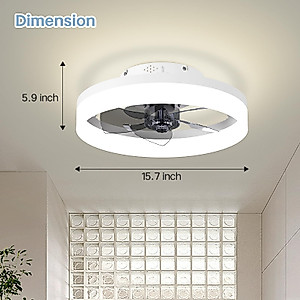 Ceiling Fans With Lights 15.7in, Low Profile Ceiling Fan Flush Mount With Remote, Dimmable LED 3 Color 6 Speeds Timing, Reversible Bladeless Modern Ceiling Fans Fandelier For Bedroom Living Room,White