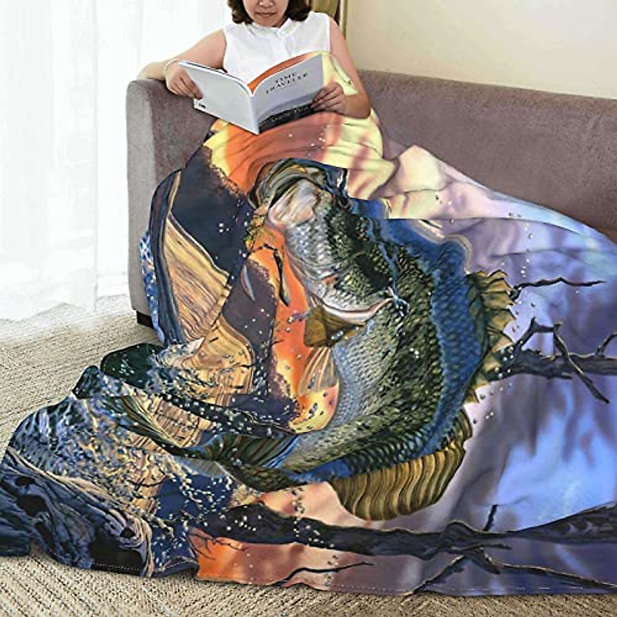 WOWUSUO Bass Fish Blanket Fishing Throw Bed Blankets Cozy Lightweight Soft Bedding for Sofa and Bed Office Travel 80x60 inches
