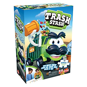 Goliath Trash Stash Game w/ 24pc Puzzle - Fill Trashcan, Watch It Dump Into Garbage Truck Or Truck Chucks It Up - Includes 24-Piece Puzzle
