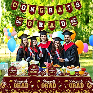 Maroon and Gold Graduation Party Tableware Kit for 24 Guests Class of 2025 Graduates Decorations and Supplies with Congrats Grad Banner, Plates, Graduation Tablecloth, Napkins and More