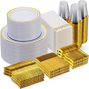 Goodluck 700 Piece Gold Dinnerware Set for 100 Guests, Disposable for Party, Include: 100 Gold Rim Dinner Plates, 100 Dessert Plates, 100 Paper Napkins, 100 Cups, 100 Gold Plastic Silverware Set