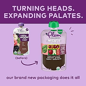 Plum Organics Mighty Veggie Blends Organic Baby Food Meals [12+ Months] Spinach, Grape, Apple & Amaranth 4 Ounce Pouch (Pack Of 6) Packaging May Vary