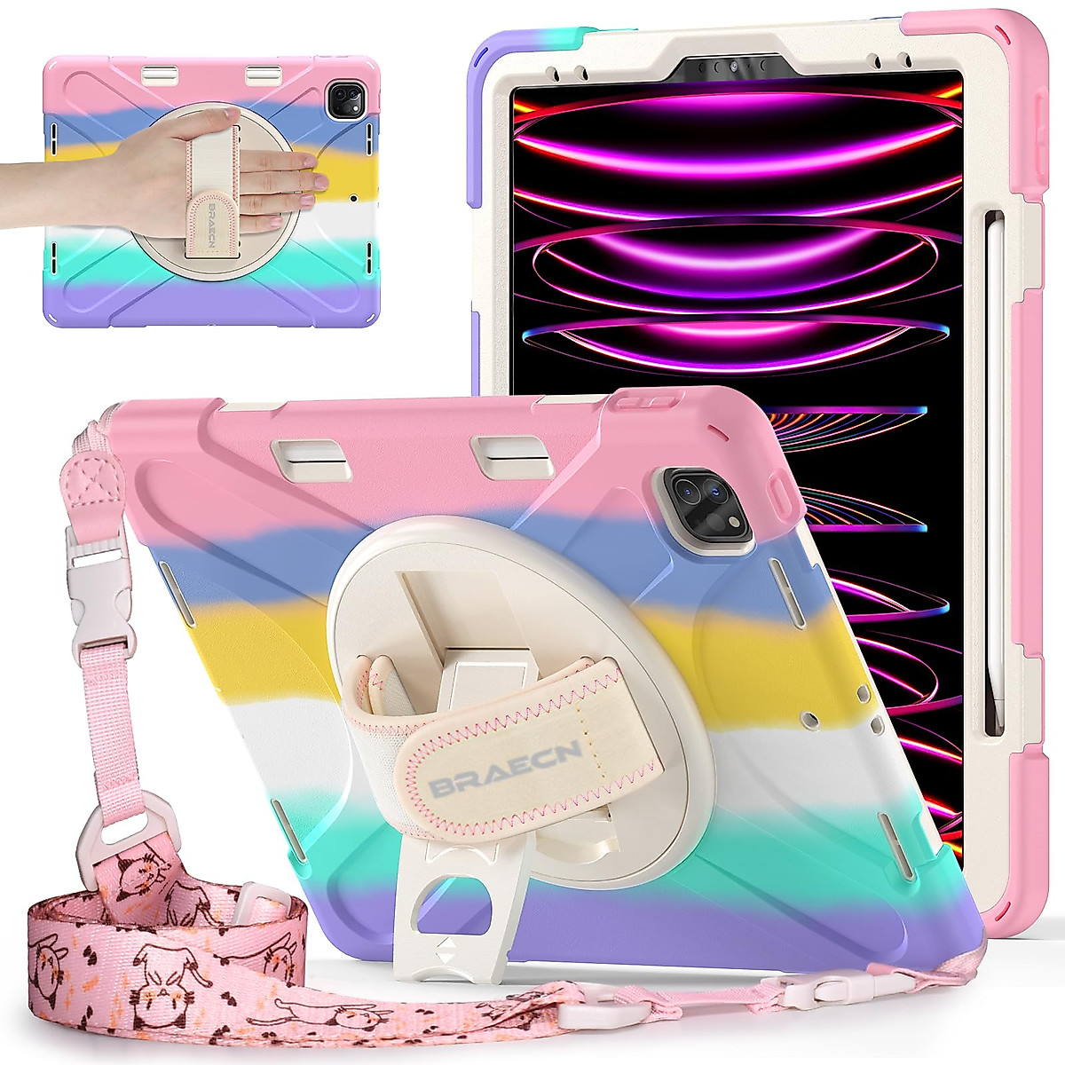 BRAECNstock Kids Case for Apple iPad Air 13 inch (M3/ M2)/ Pro 12.9 inch 6th/5th/4th/3rd Geneation, Shockproof Protective Case with Pencil Holder, [360° Rotating Hand Strap + Stand], Colorful Pink