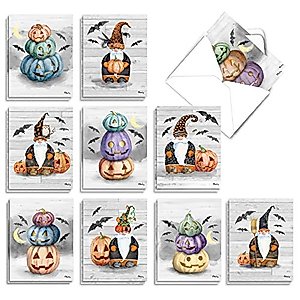 The Best Card Company - 20 Happy Halloween Note Cards Boxed (10 Designs, 2 Each) - Spooky Notecard Assortment (4 x 5.12 Inch) - Gnomes and Pumpkins AM3374HWG-B2x10