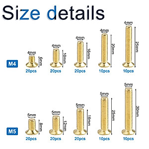 INCREWAY Machine Screws, 160 Pcs M4 M5 10 Sizes Brass Flat-Head Bolts Phillips Drive Machine Screws Assortment Kit