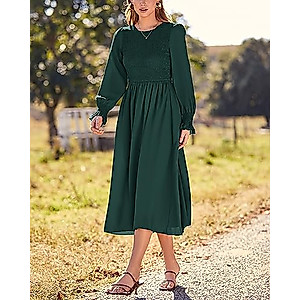 dowerme Women Casual Petal Long Sleeve Crewneck Smocked A-Line Flowy Solid Maxi Dress Fall Winter Party Cocktail Dresses(Solid Dark Green,Small)