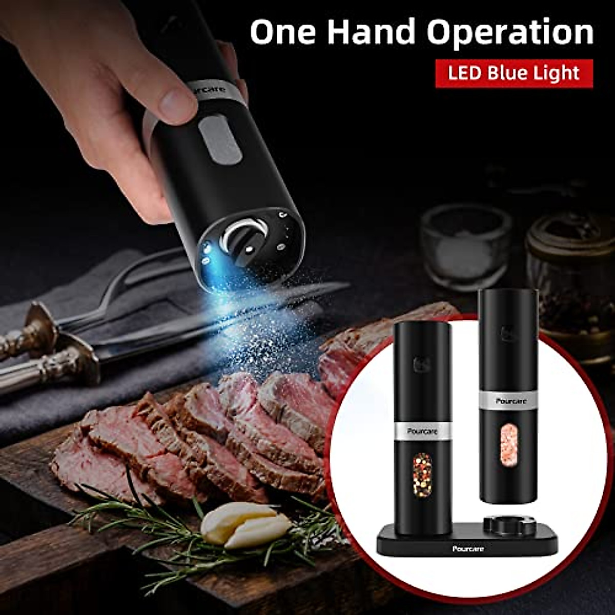 Pourcare Electric Salt and Pepper Grinder Mill Set,Adjustable Coarseness One-hand Automatic Operation,Charging Base Rechargeable Battery Powered with LED Light,Stainless Steel Black 2 Pack