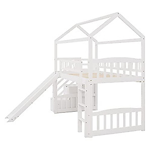 Harper & Bright Designs Loft Bed with Slide, House Loft Beds Twin Size with Step Storage Drawers Stairway Playhouse Bed for Kids Toddlers Girls/Boys, White