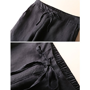 IXIMO Women's Tapered Pants 100% Linen Drawstring Back Elastic Waist Pants Trousers with Pockets Black L