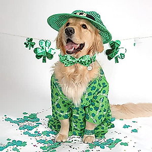 UP URARA PUP St. Patrick's Day Dog Collar with Bow Tie, Cotton St. Patrick's Day Bowtie Collar for Large Girl Boy Dog, Lucky Shamrock Dog Collar with Metal Buckle, Green, Spring, L, Neck 16-24in