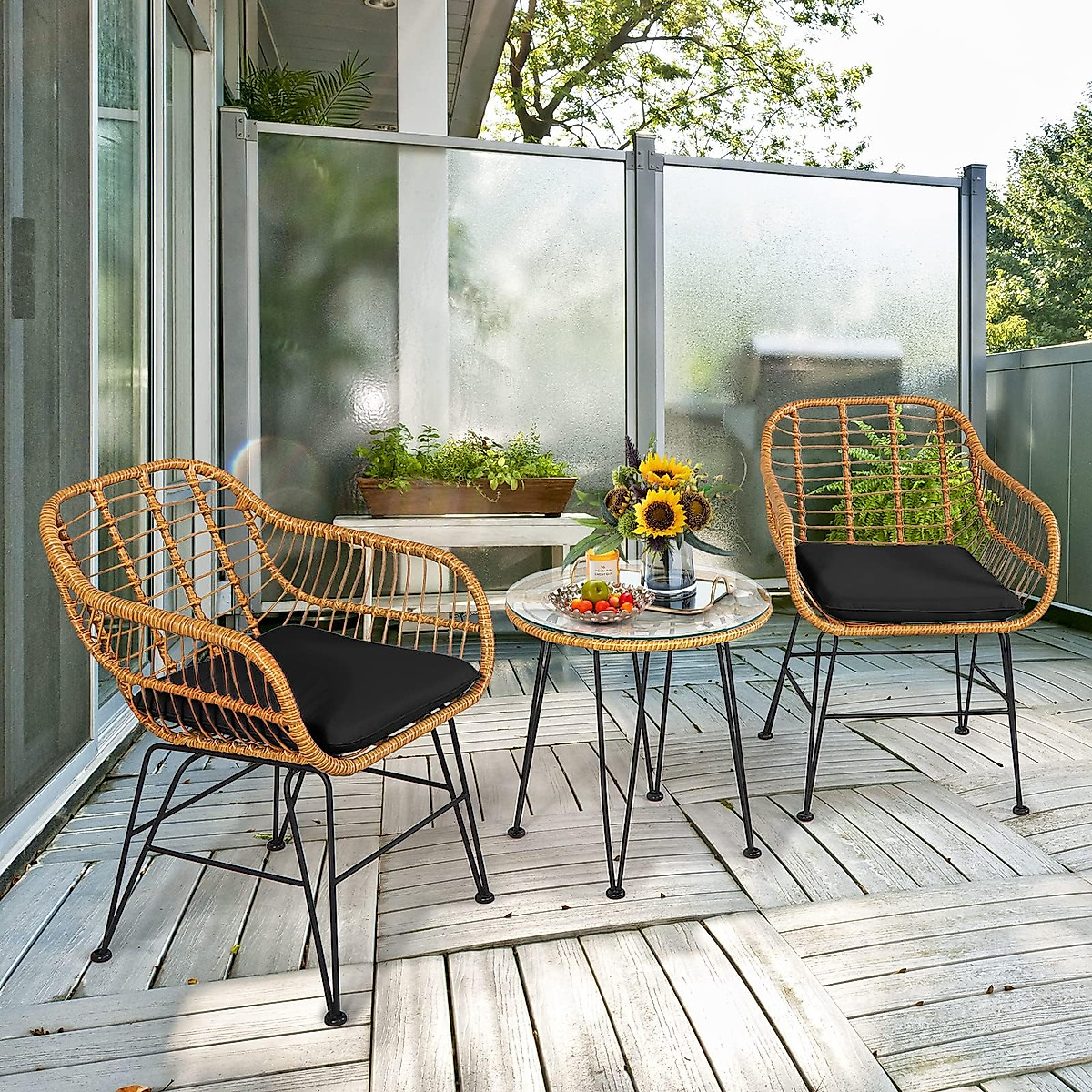 DORTALA 3 Pieces Patio Conversation Set, Rattan Leisure Chairs & Round Glass Tea Table Set, Indoor Outdoor Wicker Bistro Furniture Set with Cushions for Balcony, Poolside (Black)