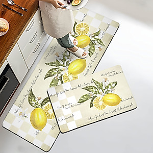 Lemon Kitchen Rug Set of 2 Buffalo Plaid Anti Fatigue Non-Slip Kitchen Mats Yellow Comfort Standing Mat Waterproof Farmhouse PVC Carpet for Kitchen Laundry Office Sink (17.3" x28" + 17.3" x 47")