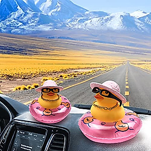 OEFWING 2PC Duck Car Dashboard Decorations Rubber Duck Car Ornaments for Truck Fun Litter Rubber Cool Duck Accessories with Mini Swim Ring Sun Hat Necklace and Sunglasses