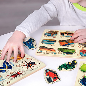 QUOKKA Toddler Puzzles Ages 2-4 in a Bag – 6 Montessori Wooden Puzzles for Toddlers 3-5 Year Old – Preschool Wood Game for Boys and Girls 4-6 – Gift for Learning Realistic Animals Fruits Vehicles