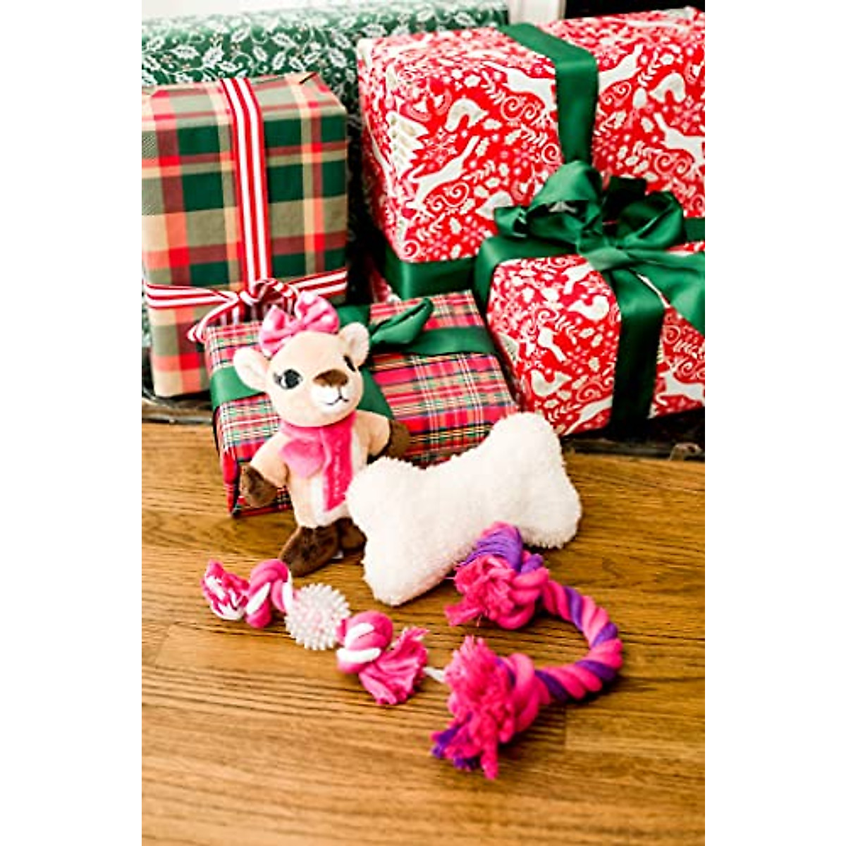 Dan Dee Rudolph The Red-Nosed Reindeer | 4-Piece Ball, Rope, and Two Squeaker Toy Bundle | Officially Licensed Holiday Pet Gift Sets |Clarice, Pink