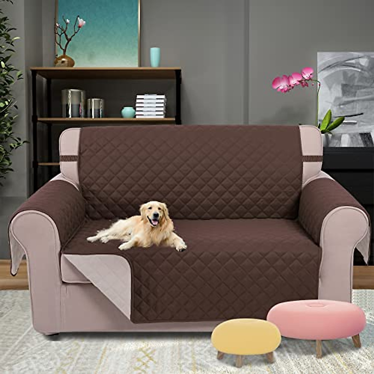 U-NICE HOME Loveseat Sofa Cover Reversible Couch Cover for Dogs with Elastic Straps Water Resistant Furniture Protector for Pets Couch Cover for 2 Cushion Couch (Loveseat, Coffee/Beige)