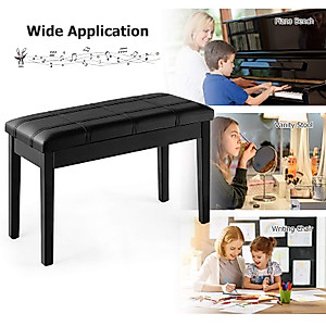 GOFLAME Piano Bench with Padded Cushion and Music Storage, Comfortable Double Duet Seat with PU Leather and Wooden Legs, Perfect for Professional or Home Use (Black)