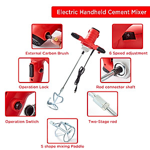 Ganggend 2300W Handheld Electric Concrete Mixer Portable Cement Mixer with 6 Adjustable Speed Mortar Mixer Mud Mixer for Mixing Mud Cement Mortar Paint Fodder