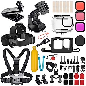 52 in 1 Accessories Kit, Waterproof Case + 3 Filters + Chest/Head/Wrist Strap+ Bike/Backpack Clip + Floating Grip + Rubber Case