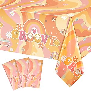 Tiamon 3 Pieces Rainbow Plastic Groovy Tablecloths Retro Hippie Table Covers for Rectangle Table, Disposable Daisy Flower Rainbow Party Decorations for 60s 70s Boho Themed Birthday Carnival Party