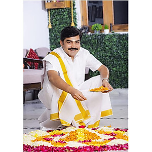 Angavastram Cotton Traditional Pooja Angvastra Towel Gamcha Shaluva Kanduva Kasavu for Religious Occasion Wedding New Year Temple Puja Rituals Housewarming (Cream with Gold Zari Border)