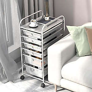 Happygrill 6-Drawer Organizer Cart Tools, Mobile Utility Storage Cart with Removable Drawers & Lockable Wheels, Rolling Storage Cart with Wheels for Home Office,Clear