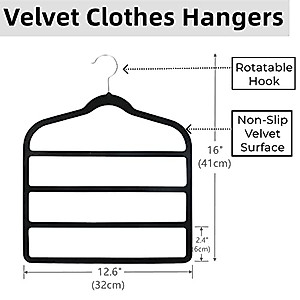 KIKILIE 5 Pack Velvet Pant Hangers Space Saving Non Slip Black Velvet Hangers, Multi Layer Velvet Hangers Clothes Hangers Closet Organizer for Pants Jeans Trousers Scarf Tie Towel