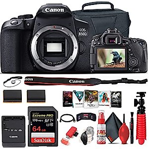 Canon EOS Rebel 850D / T8i DSLR Camera (Body Only) + 64GB Card + Case + Corel Photo Software + LPE17 Battery + External Charger + Card Reader + Flex Tripod + HDMI Cable + More (Renewed)