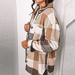 Plaid Shacket Jacket for Women Fall Winter Cute V Neck Long Sleeve Button Down Blouses Tops Flannel Outerwear Jackets Coats
