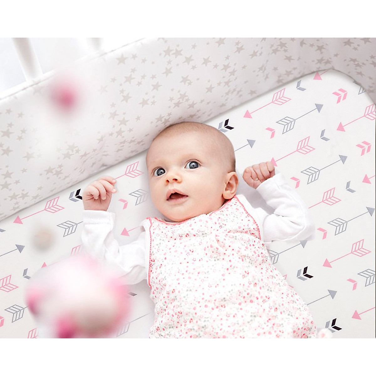 Stretchy Fitted Pack n Play Playard Sheet Set BROLEX 2 Pack Portable Mini Crib Sheets,Convertible Playard Mattress Cover,Ultra Soft Material,Pink White Arrow